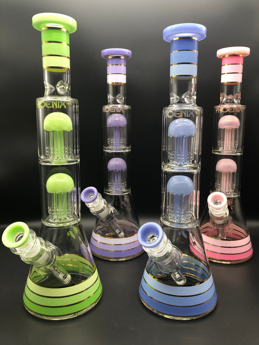 Phoenix 14" Striped Beaker w/ Double Tree Perc – Avernic Smoke Shop
